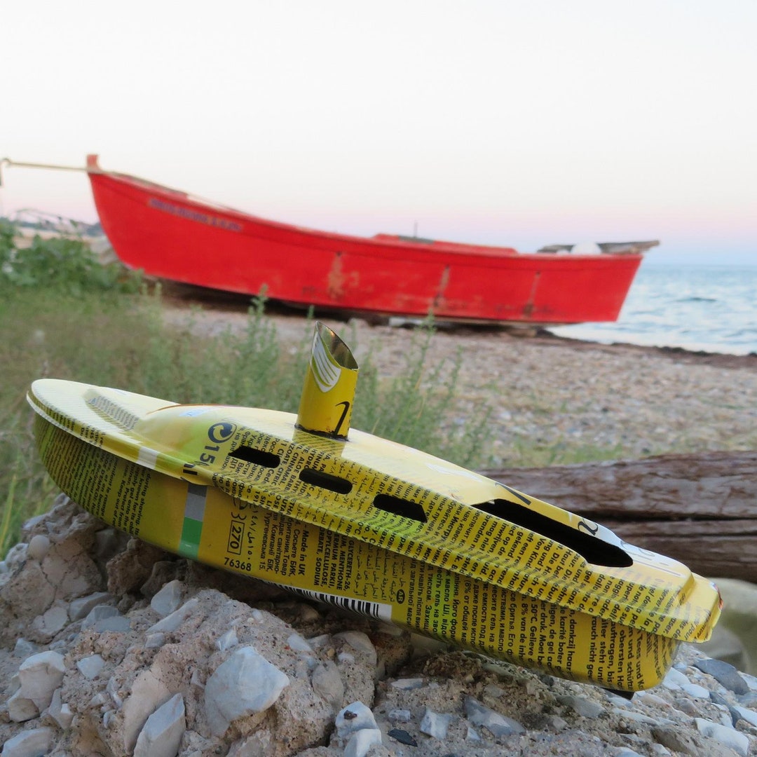 Tin Toy Boat Recycle Recycling Boat Candle Boat Pop Pop Rattling Boat ...