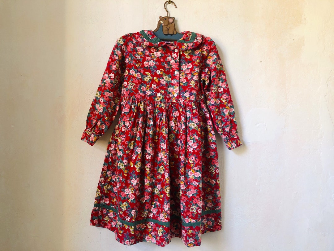 Retro Girls Floral Dress, 6-7 Years Vintage Long Sleeve Red Flower ...