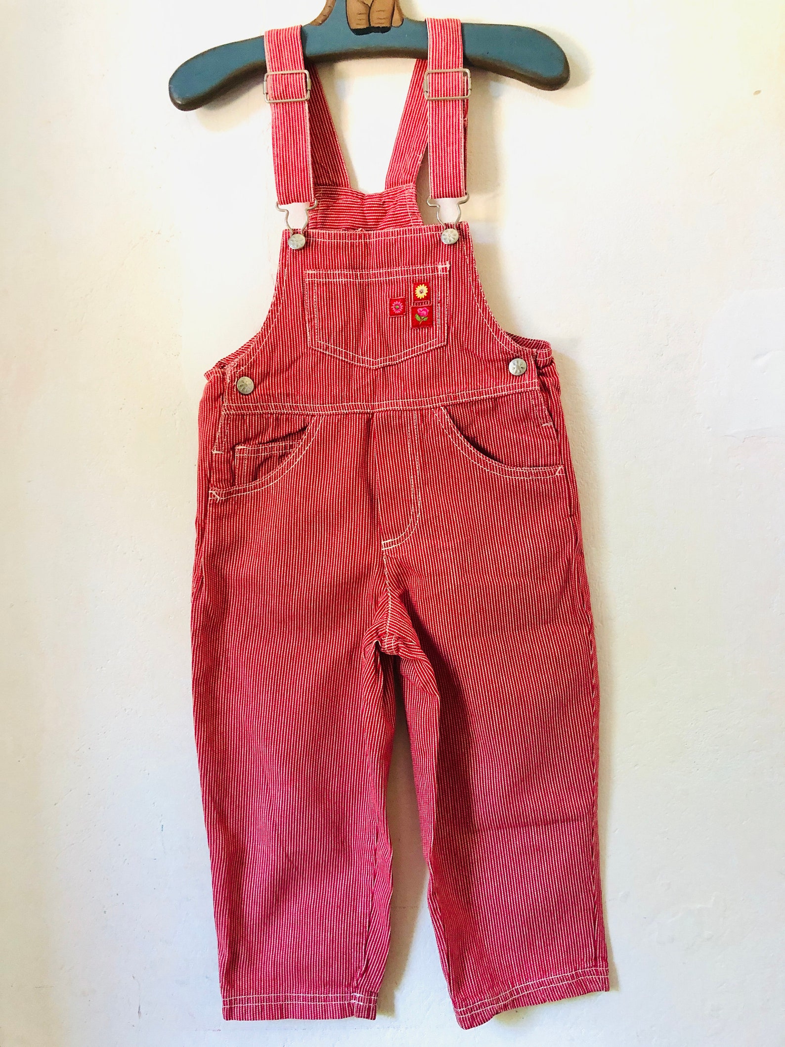 90s Girls Red Denim Overalls, Red Stripe Dungarees, 3-4 Years Toddler ...