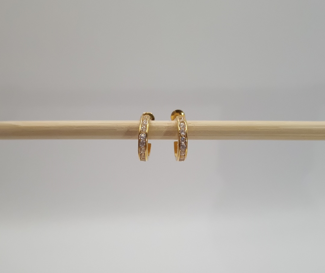 22k Solid Gold Studded Half Hoops/huggies White American Diamond/ CZ ...