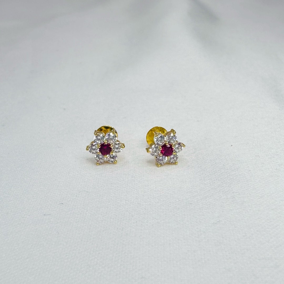 22k Solid Gold Flower Earrings /white Studed Flower Earrings/ 22ct ...