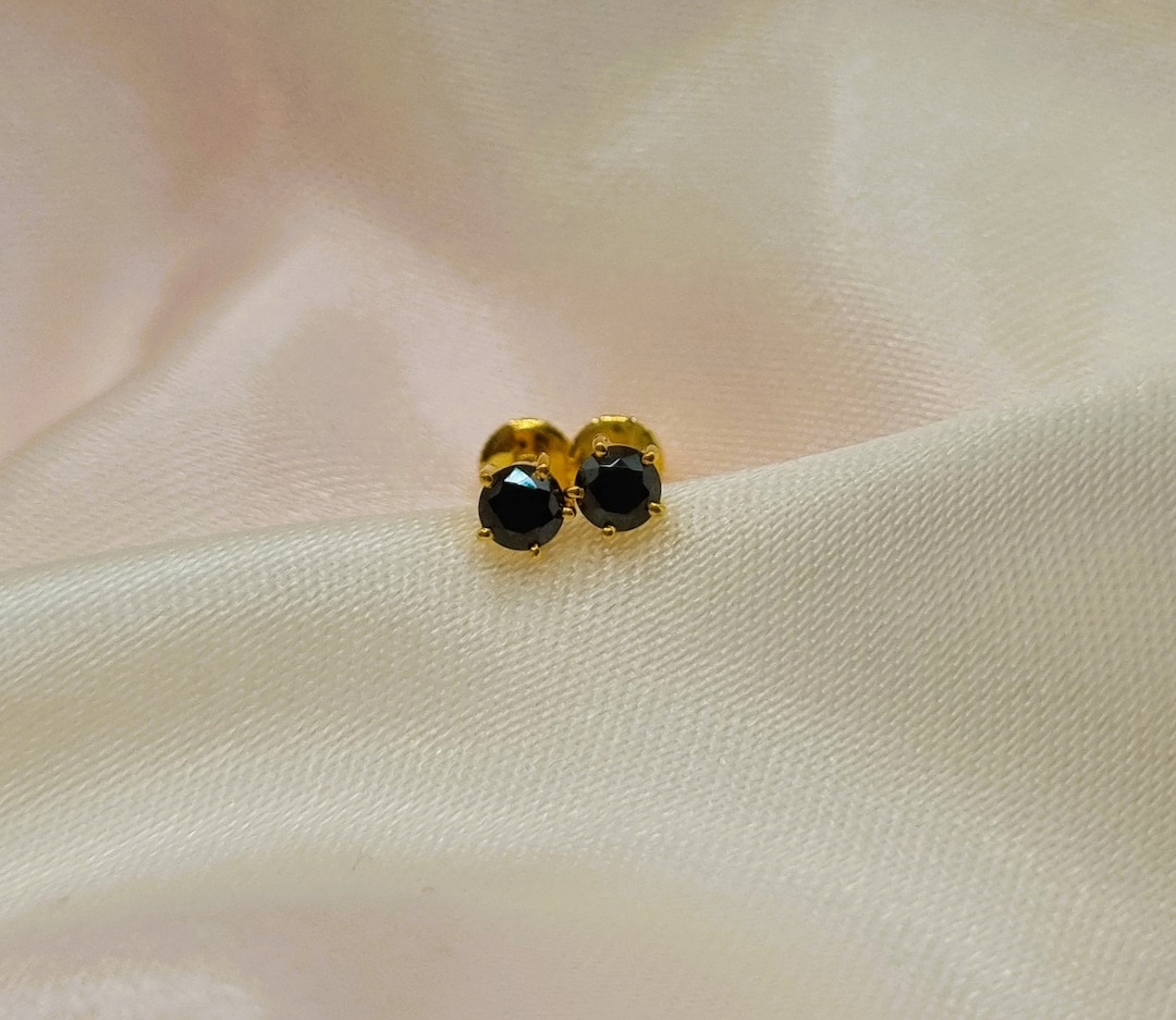 22k Solid Gold Ear Studs: Black Cubic Zirconia Karabu Earrings - Etsy