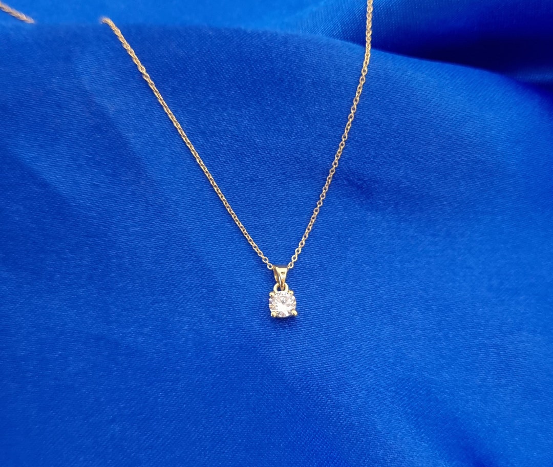 18k Solid Gold Chain With 18k Solid Gold CZ Solitaire Pendant - Etsy