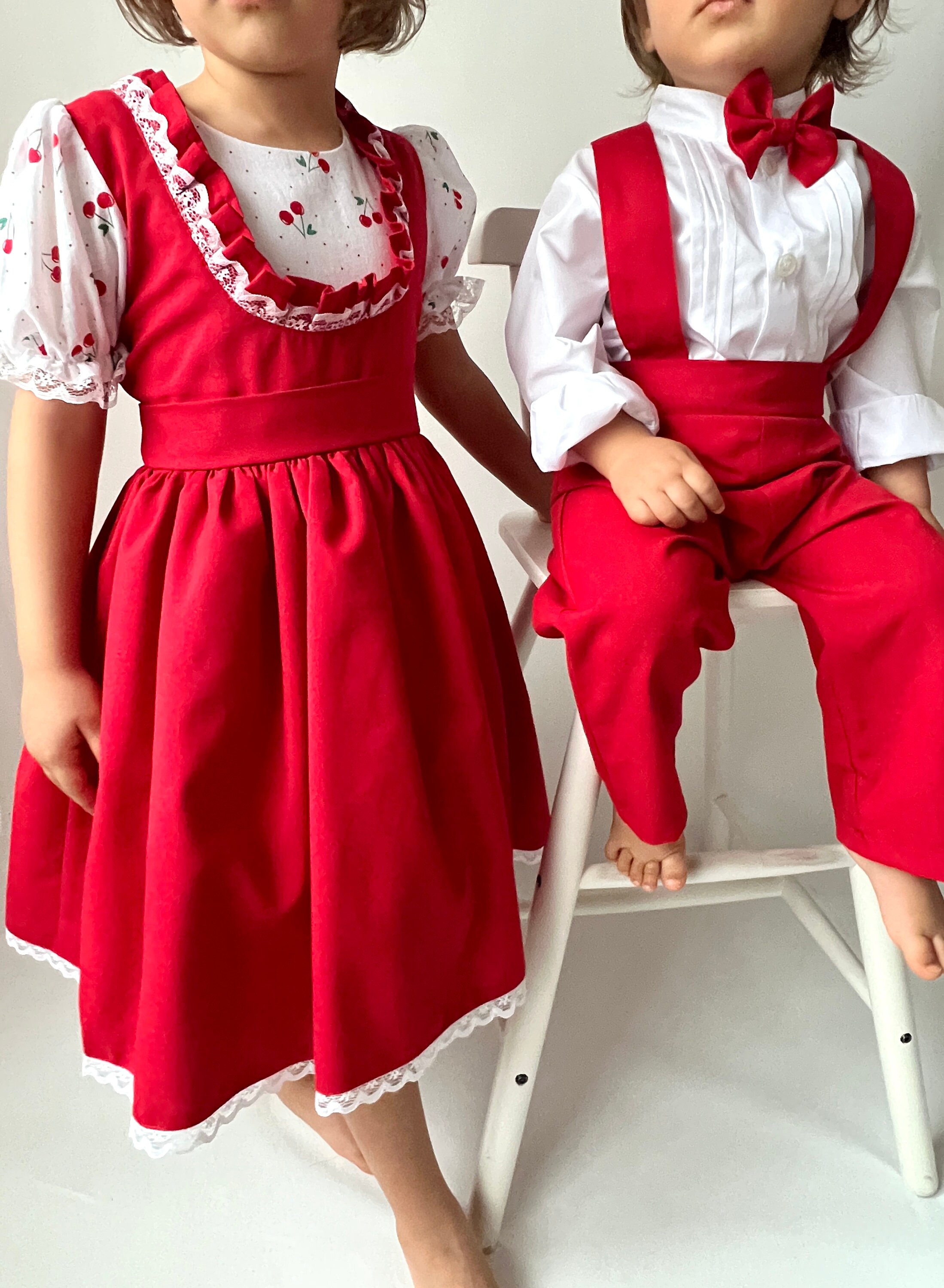 Vintage Style Cherry Pattern Girls Dress Red Belt Bow - Etsy