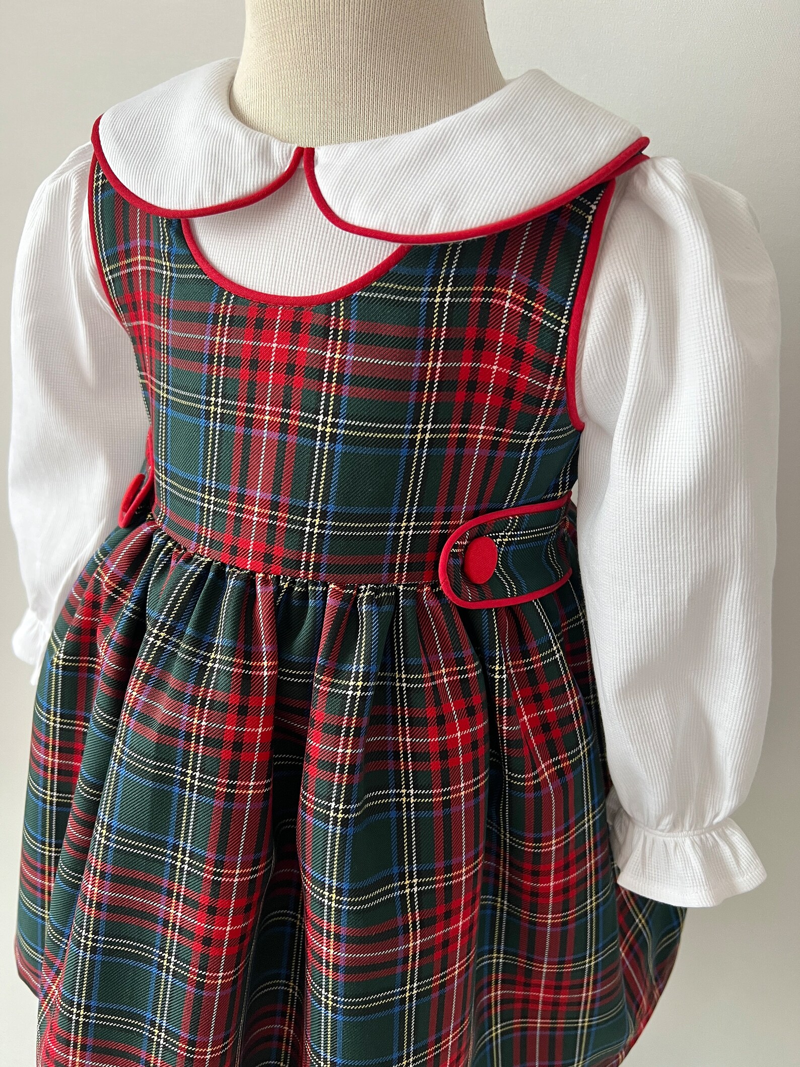 Girls Red Tartan Christmas Dress Set: Green Plaid Thanksgiving Outfit ...