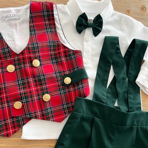 Baby Boy Red Plaid Suit: 4-piece Tartan Suspender Outfit - Etsy