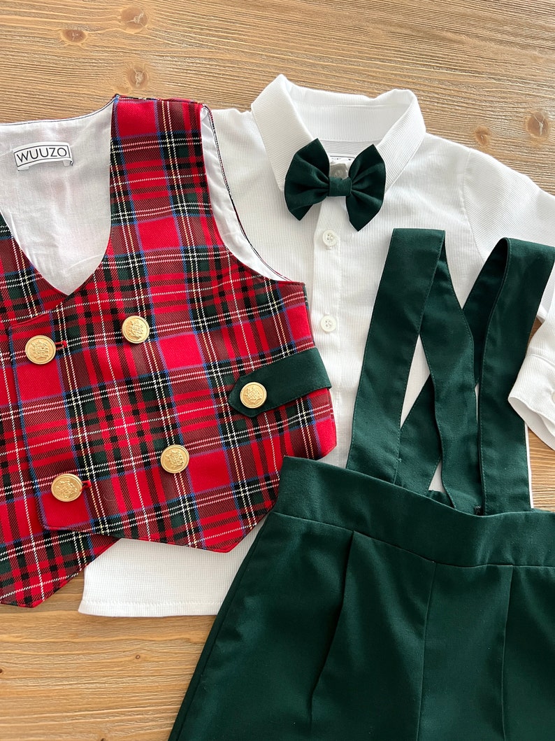 Baby Boy Red Plaid Suit: 4-piece Tartan Suspender Outfit - Etsy