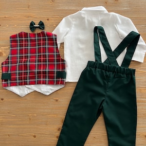 Baby Boy Red Plaid Suit: 4-piece Tartan Suspender Outfit - Etsy