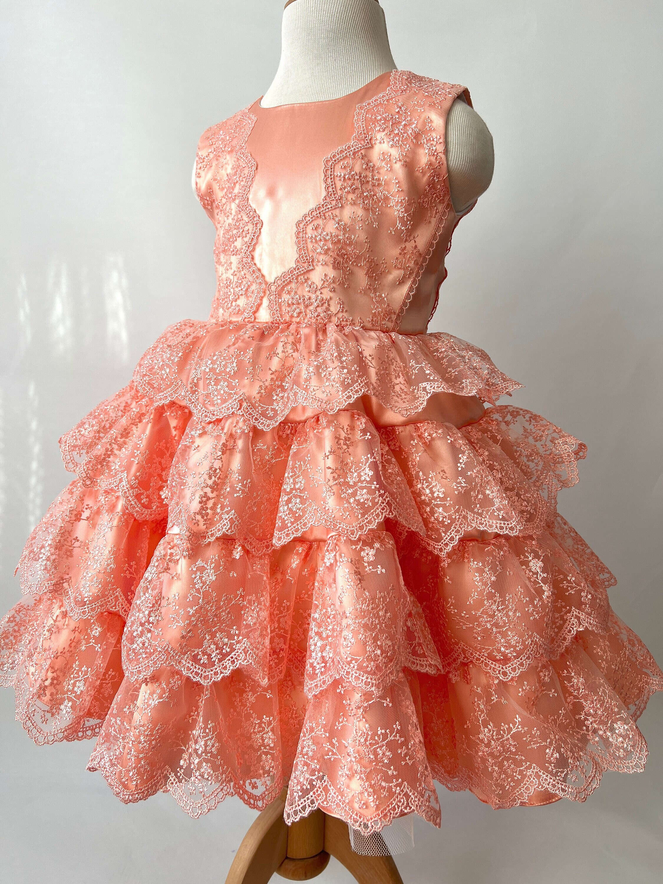 Peach Pink Lace Flower Girl Dress: Satin Sleeveless Kids Outfit - Etsy