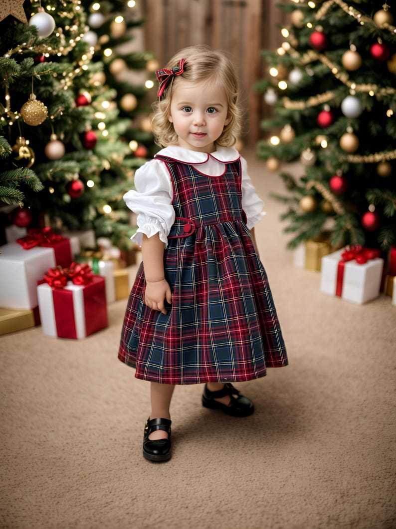 Girls Red Tartan Christmas Dress Set: Green Plaid Thanksgiving Outfit ...