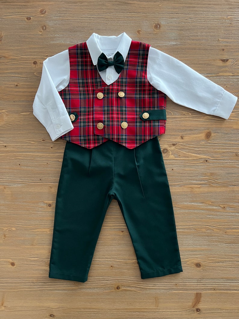 Baby Boy Red Plaid Suit: 4-piece Tartan Suspender Outfit - Etsy