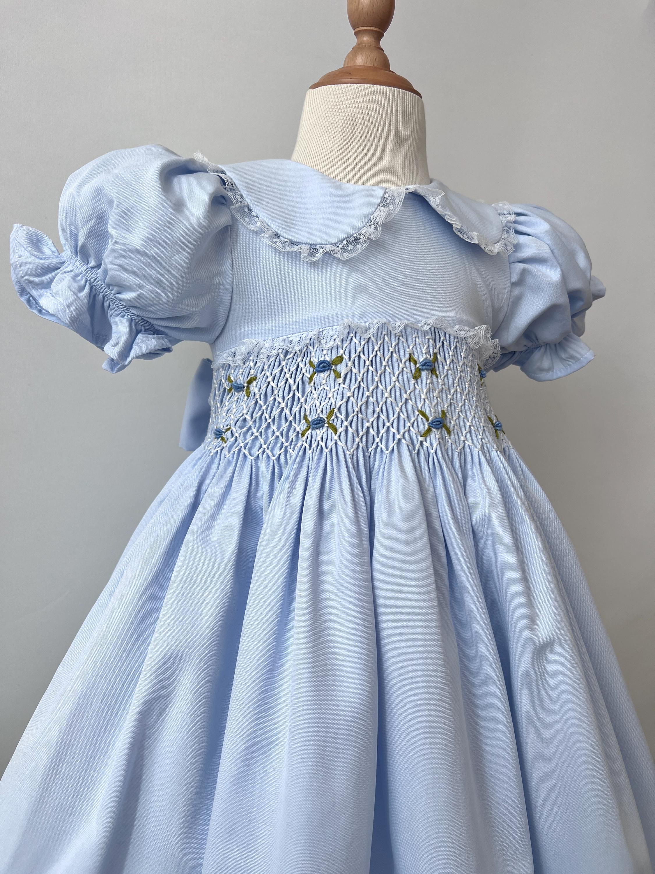 Hand-smocked Cotton Baby Dress: Birthday Party Toddler Light Blue ...