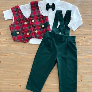 Baby Boy Red Plaid Suit: 4-piece Tartan Suspender Outfit - Etsy