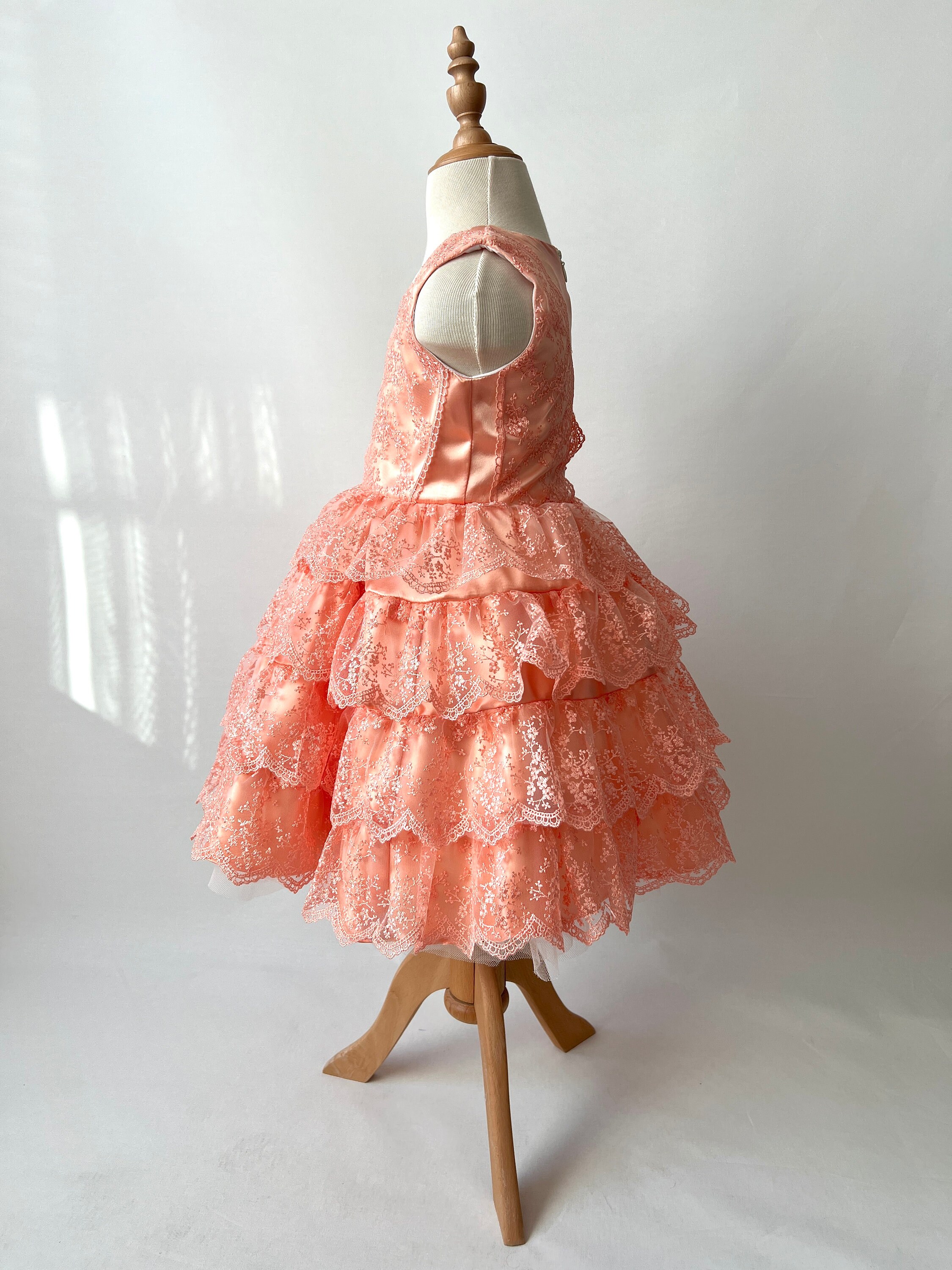 Peach Pink Lace Flower Girl Dress: Satin Sleeveless Kids Outfit - Etsy