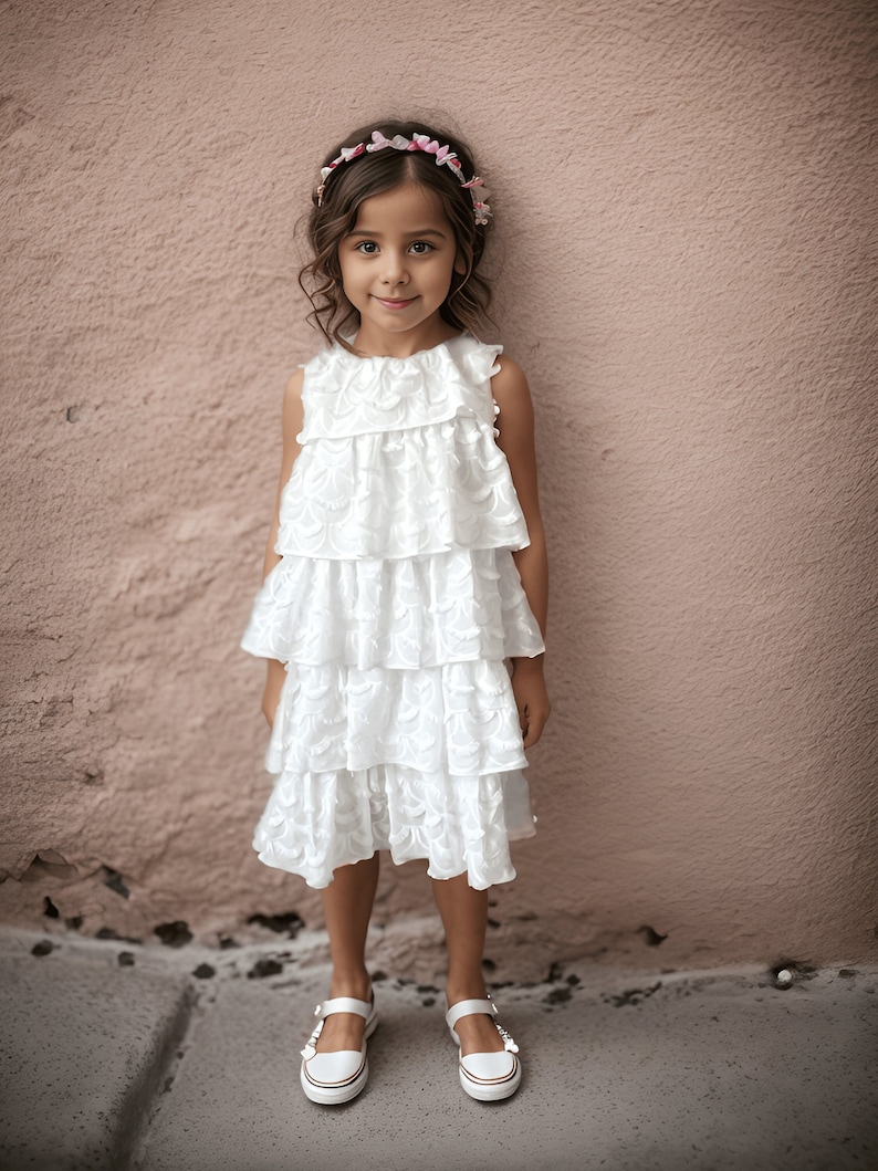 Tiered White Girls Dress, Sleeveless Fish Scale Pattern Ruffles Kids ...
