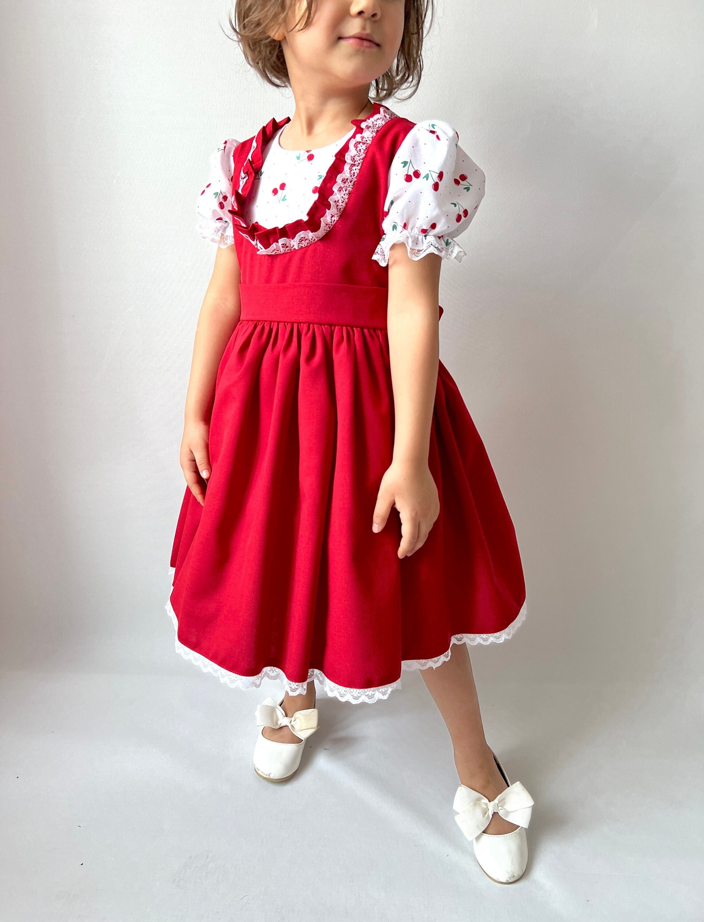 Vintage Style Cherry Pattern Girls Dress Red Belt Bow - Etsy