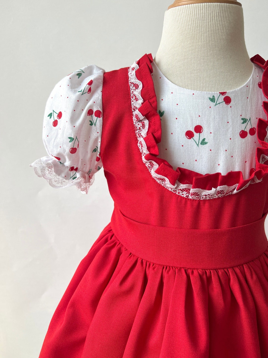 Vintage Style Cherry Pattern Girls Dress Red Belt Bow - Etsy