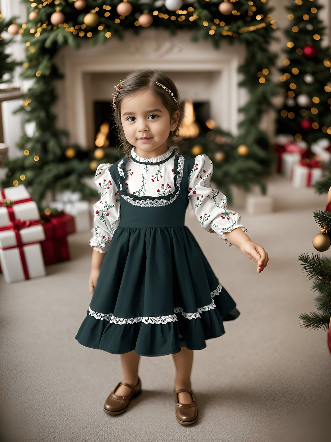 Girl's Christmas Green Dress Holly Detailed Xmas Look - Etsy UK