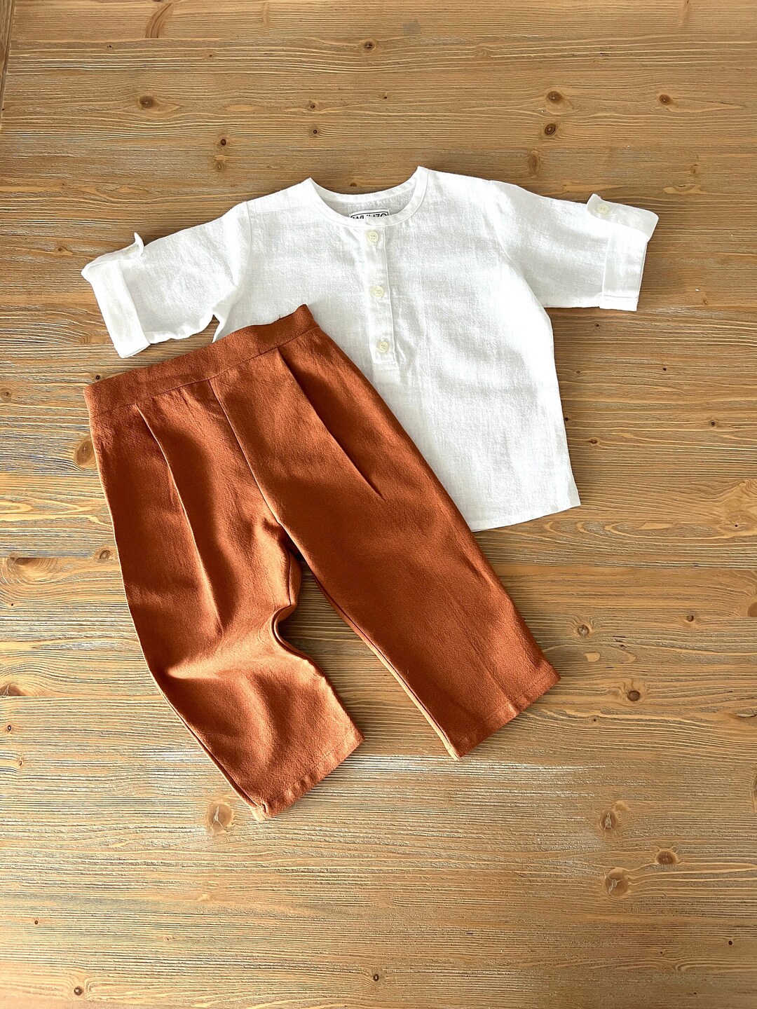 Brown Color Boys’ Linen Shirt and Pants Set, Toddler 2pcs Outfit, Boys ...