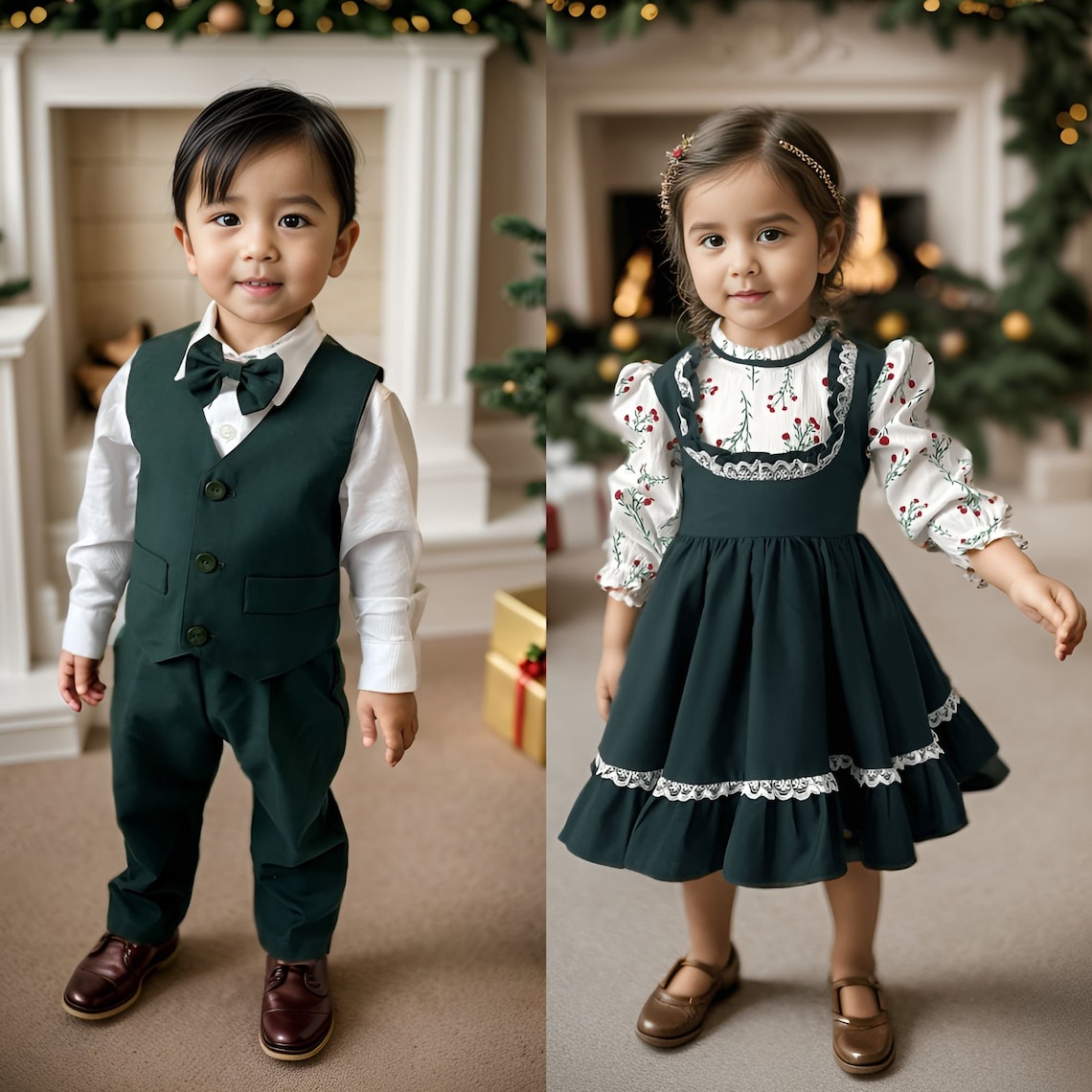 Girl's Christmas Green Dress Holly Detailed Xmas Look - Etsy