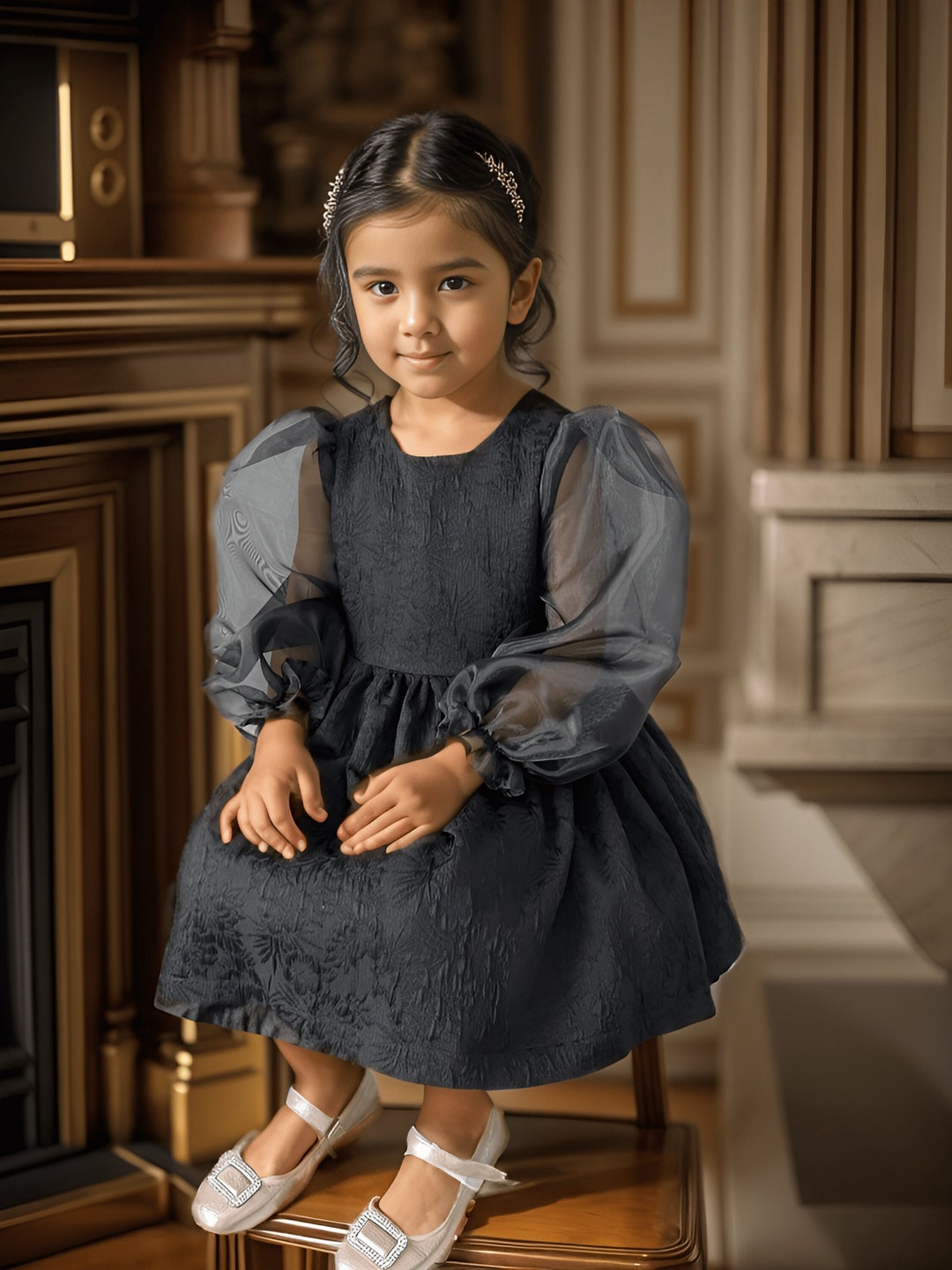 Black Formal Girls Dress, Elegant Gothic Kids Look, Black Flower ...