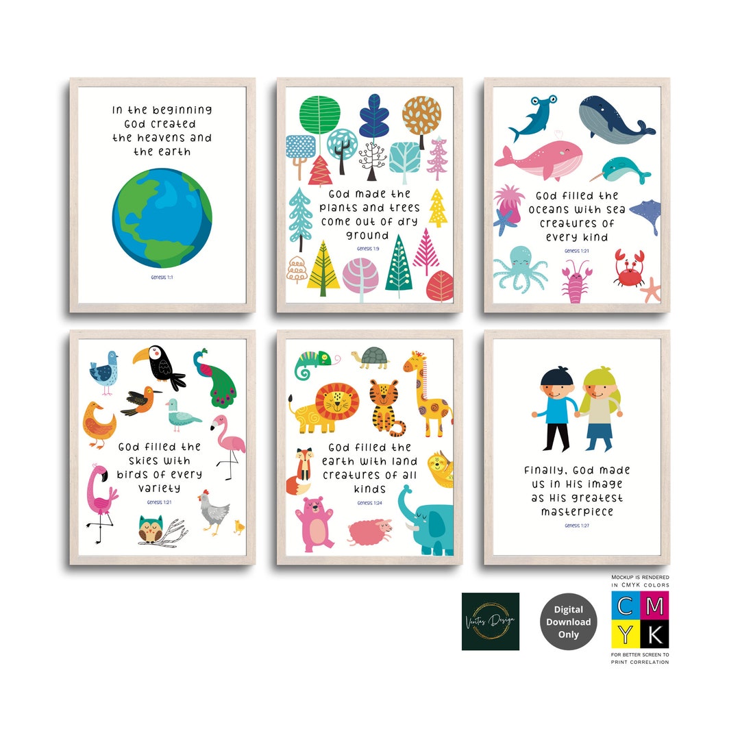 Creation Story in Genesis Bible Verse Children Kids Scripture Wall Art ...