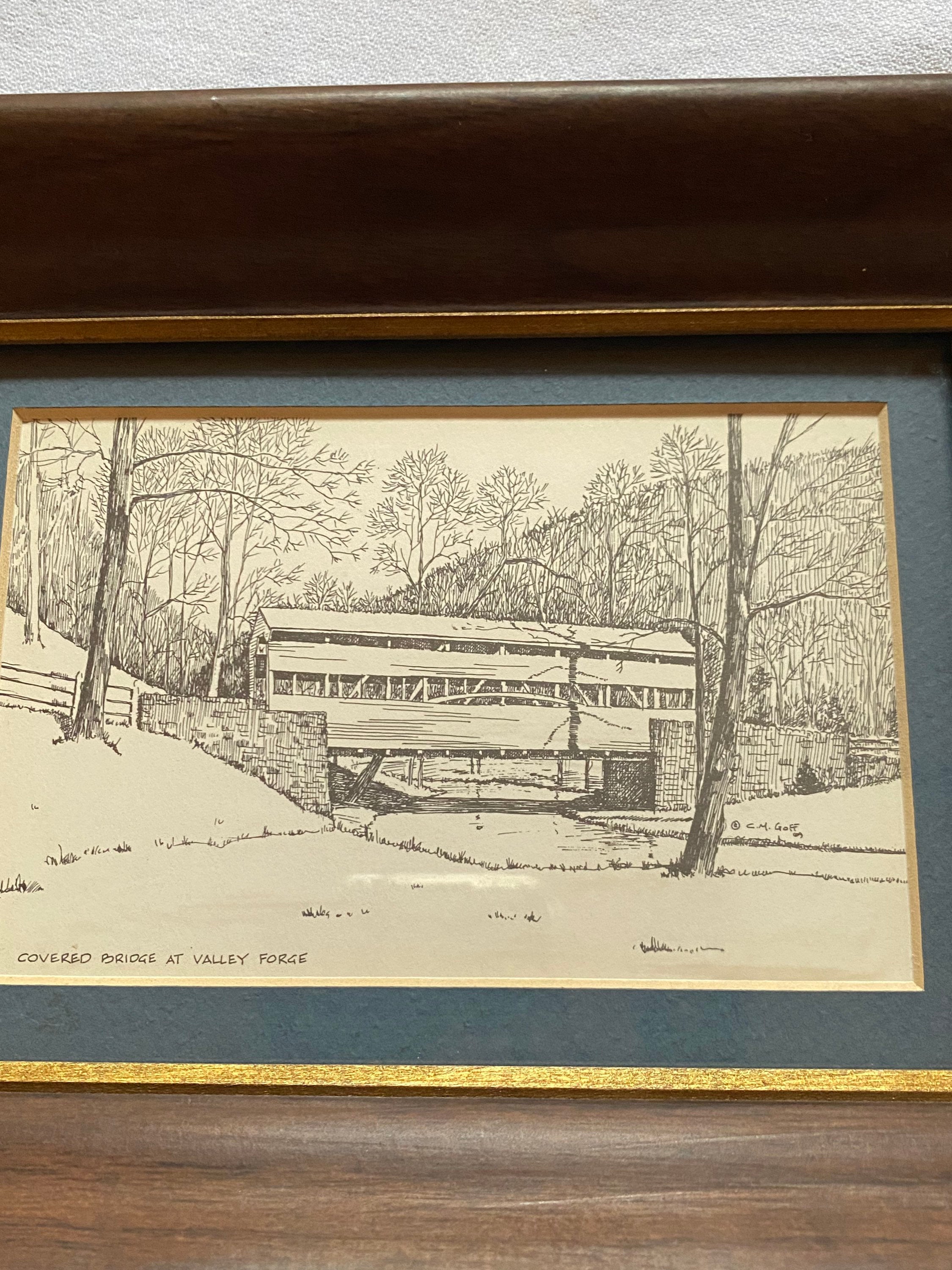 Vintage Pen and Ink Clark M. Goff Covered Bridge Matted and in a Walnut ...