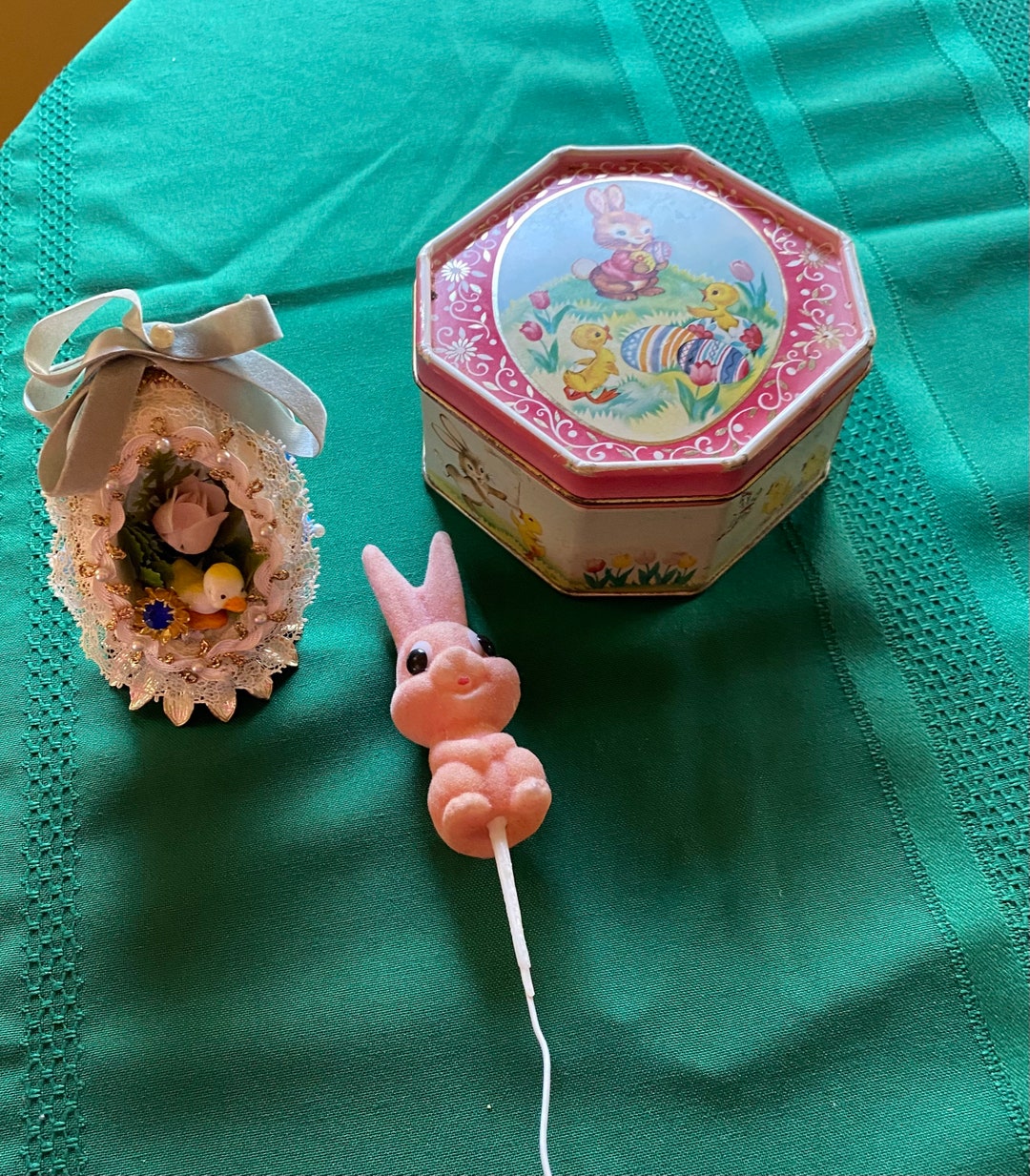 Vintage Mcm Easter Decor Egg .tin ,flocked Rabbit Floral Stick - Etsy