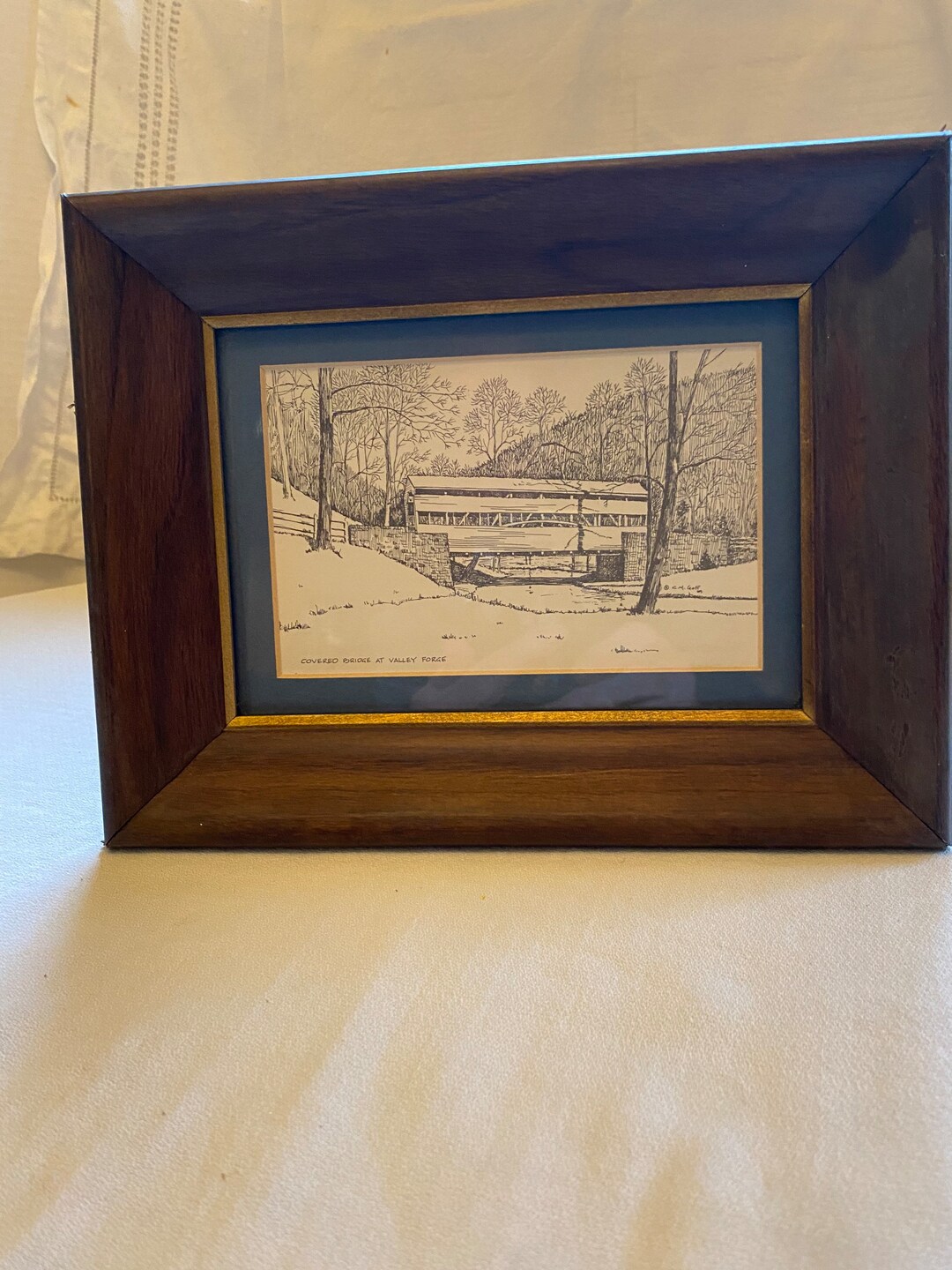 Vintage Pen and Ink Clark M. Goff Covered Bridge Matted and in a Walnut ...