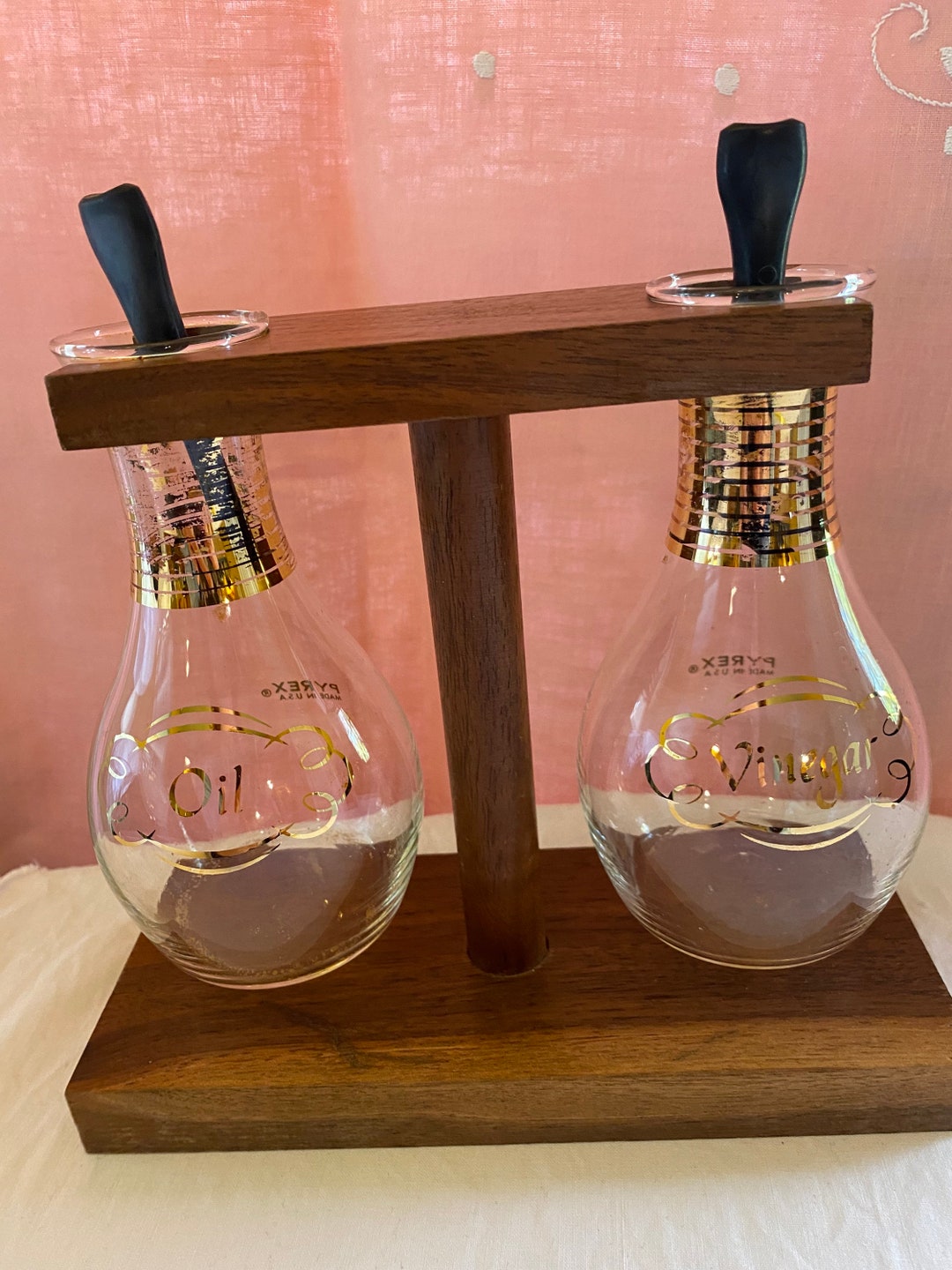1960s Pyrex Oil and Vinegar Cruet Set on a Teak Wood Carrier. - Etsy