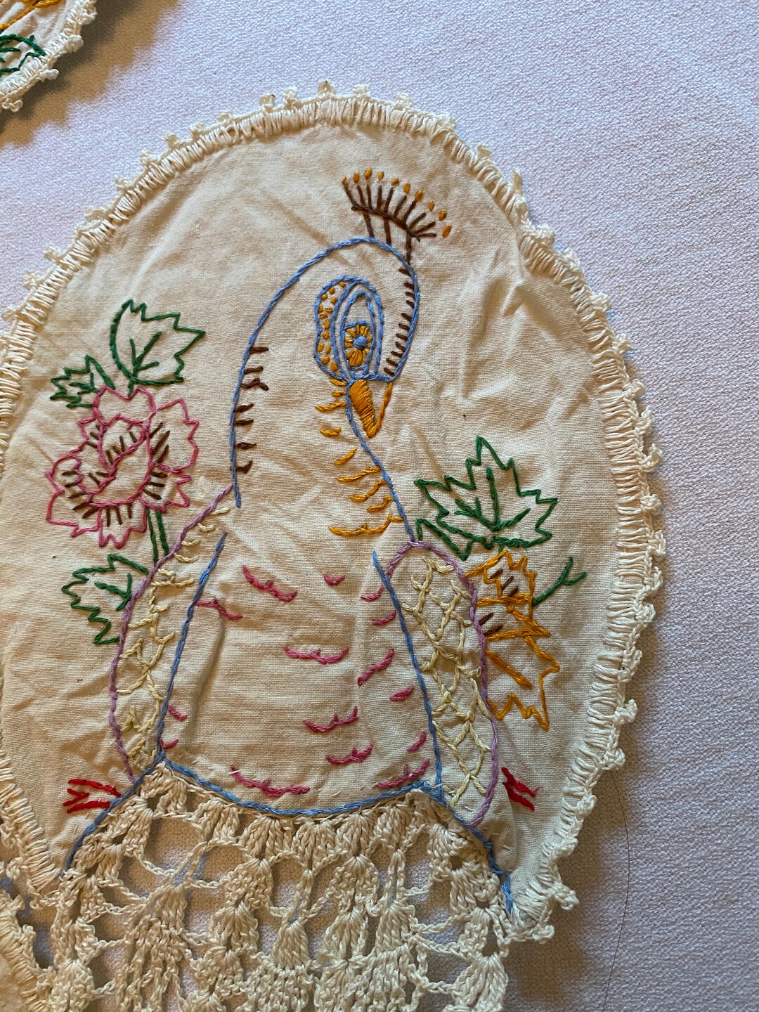 Vintage Embroidered Peacock Doily Set/ Vintage Decor. - Etsy