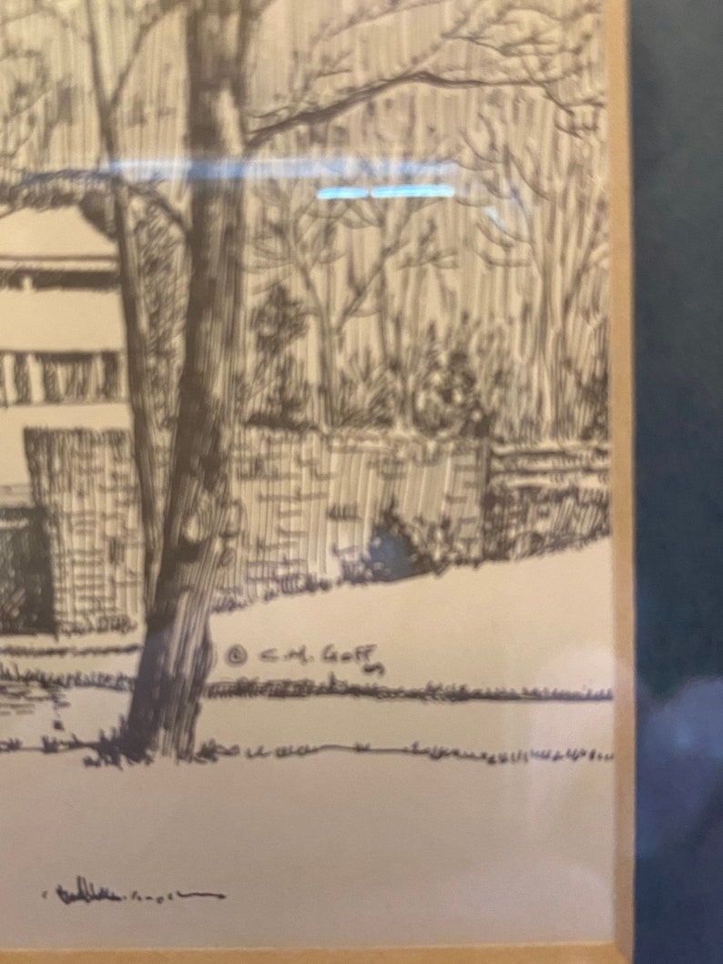 Vintage Pen and Ink Clark M. Goff Covered Bridge Matted and in a Walnut ...