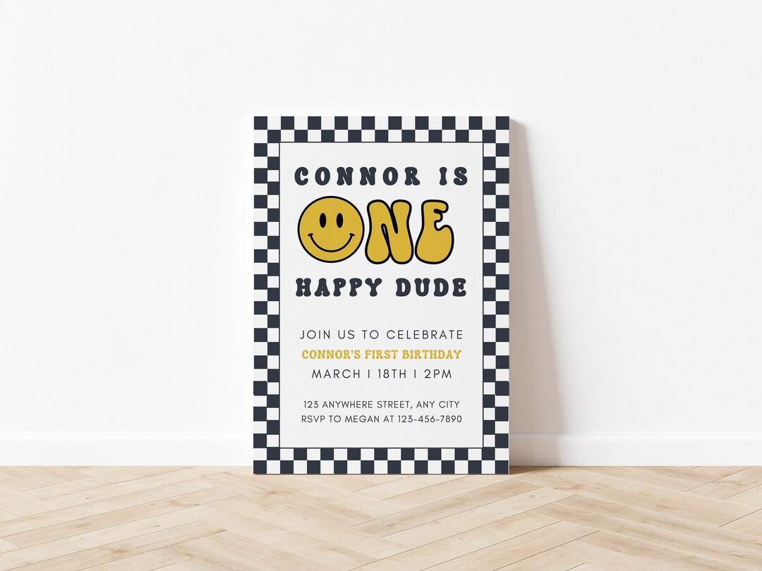 One Happy Dude Birthday Party Invitation, Retro Smiley Face First ...