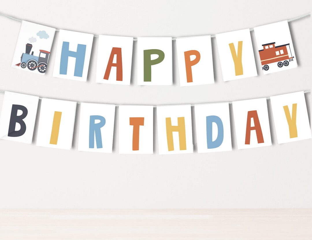 All Aboard Happy Birthday Banner, Train Theme Birthday, Modern Train ...