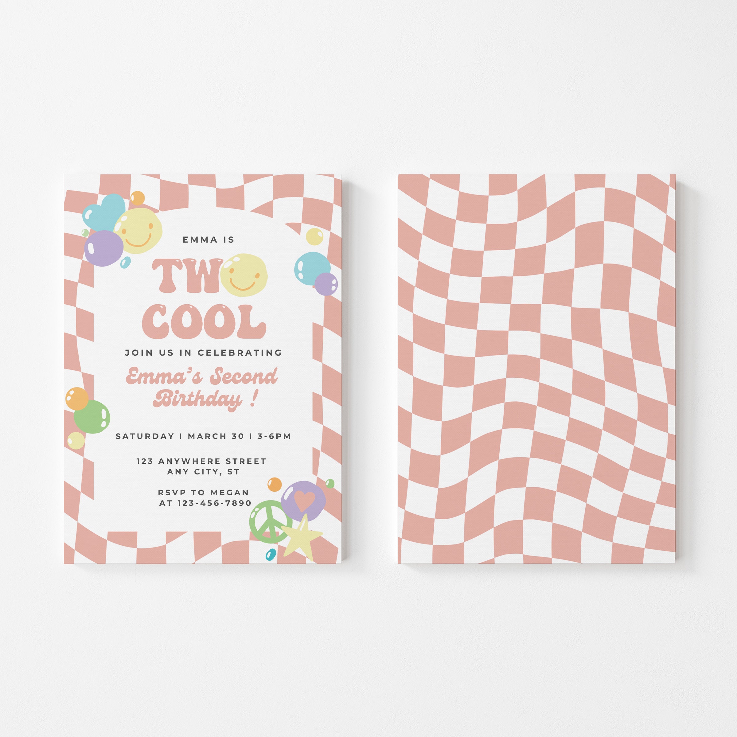 Two Cool Girl Birthday Invitation Retro Checkered Smiley 2nd Birthday ...