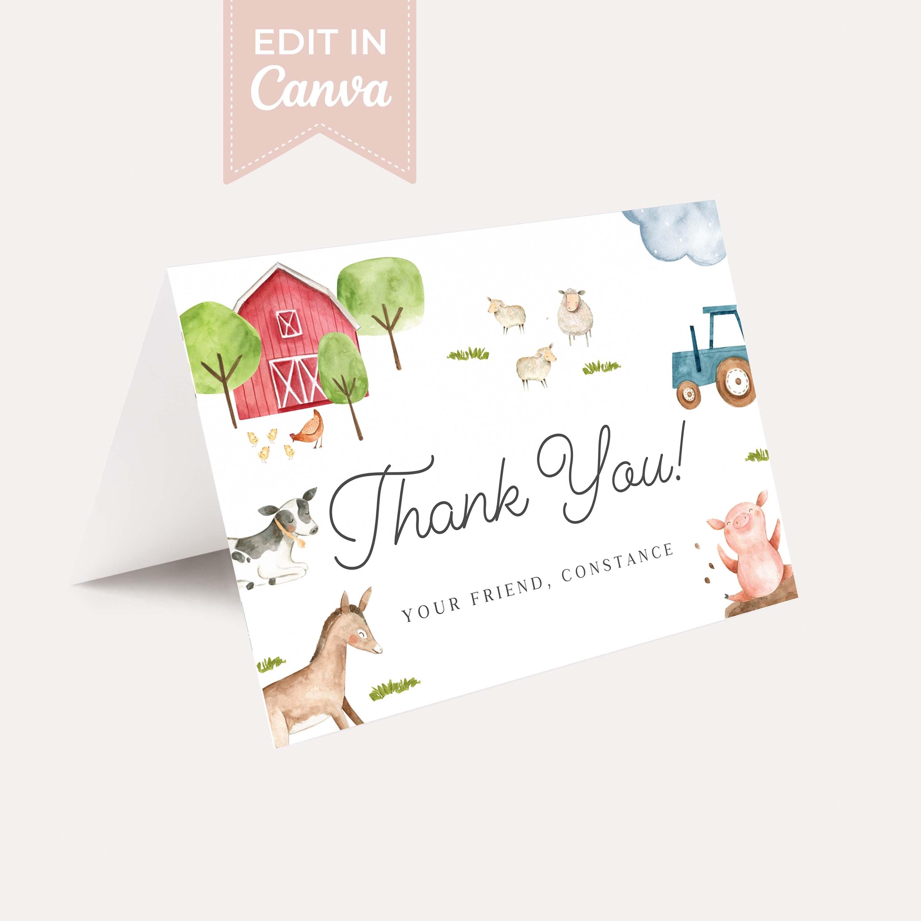 Farm Birthday Thank You Card, Rustic Kids Birthday Party Favors ...