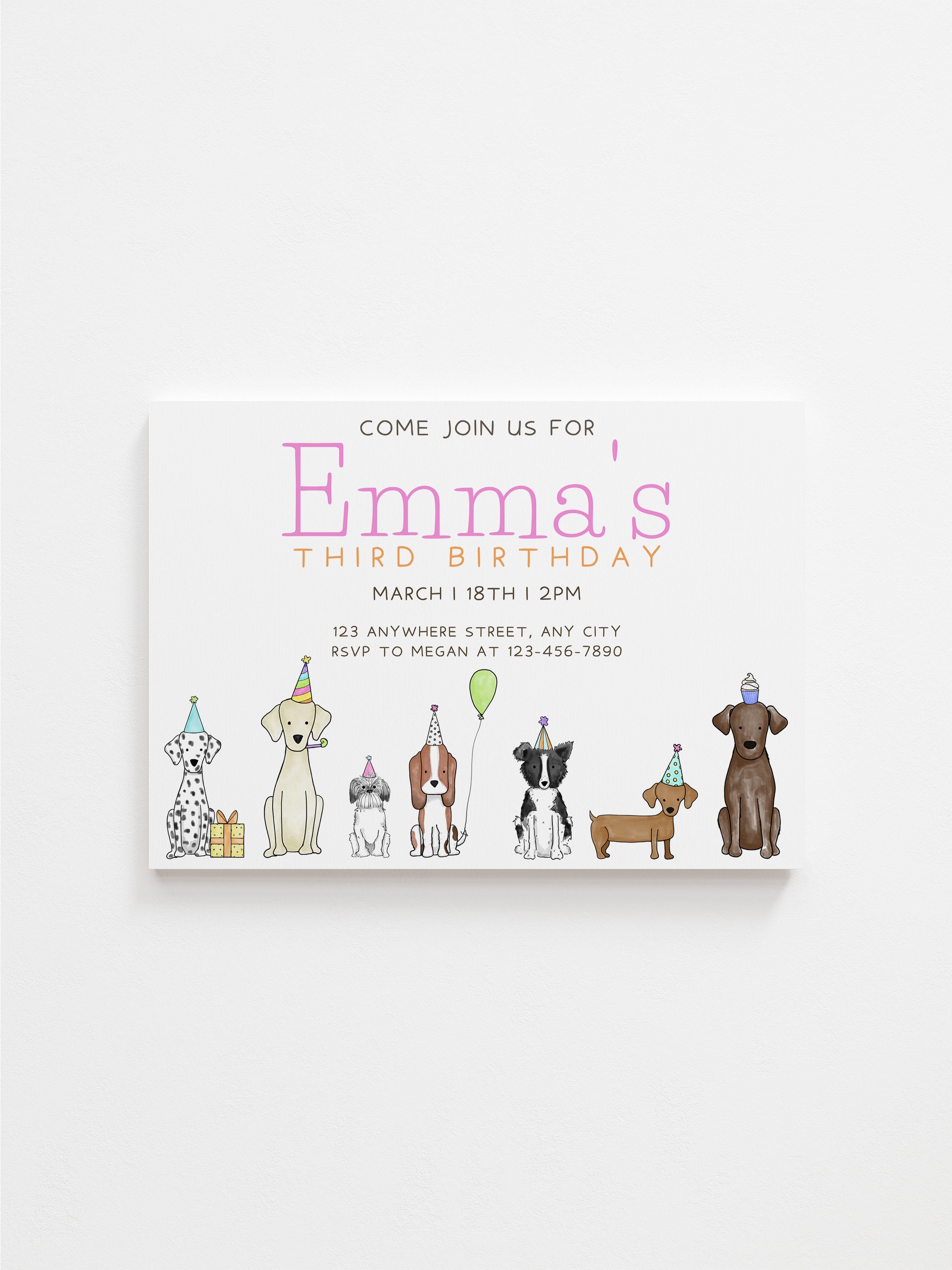 Dog Birthday Invitation, Pink Dog Theme Birthday Invite, Pawty Birthday ...