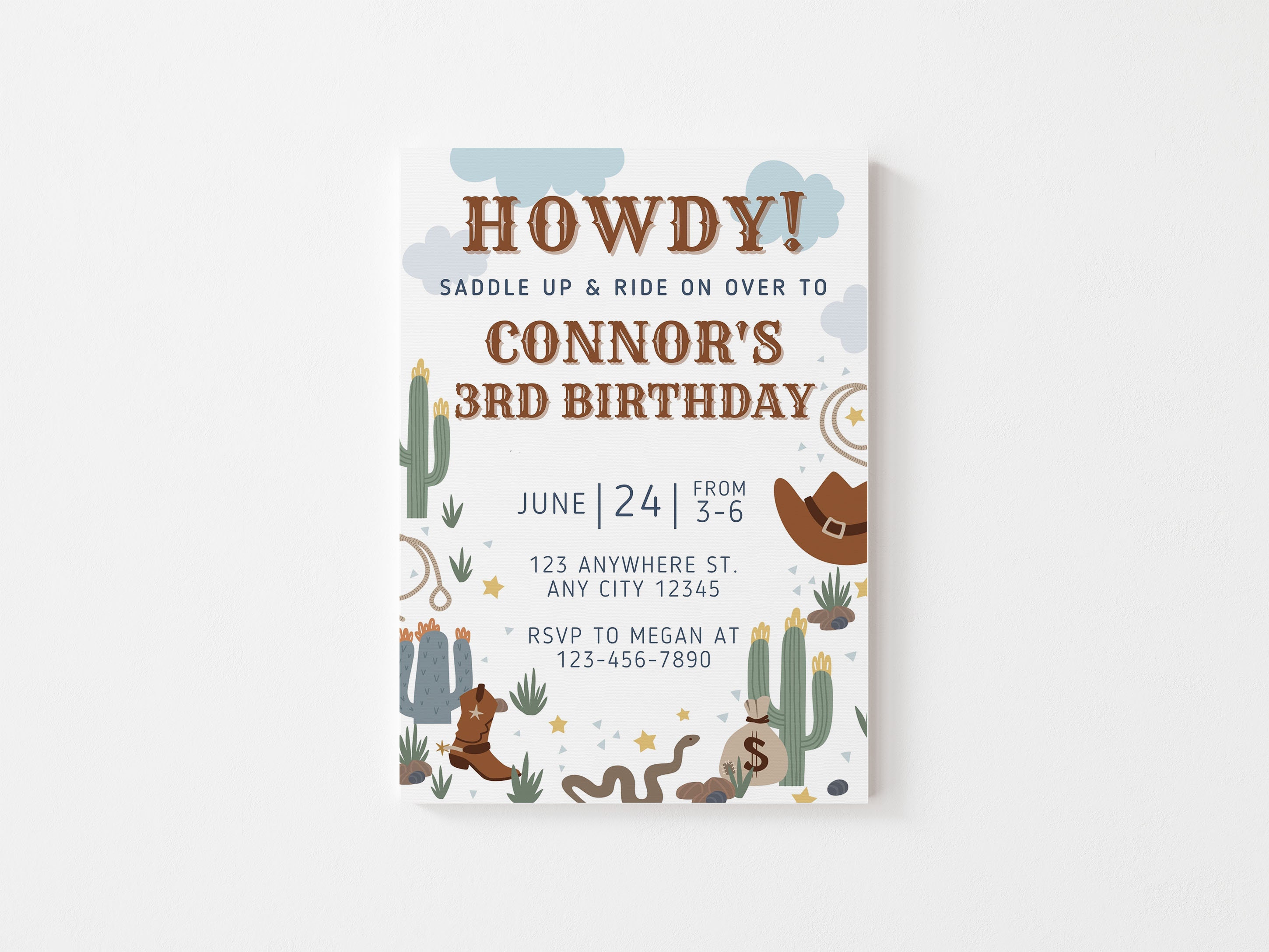 Editable Howdy! Rodeo Invitation, Cowboy Invite, Modern Wild West Party ...