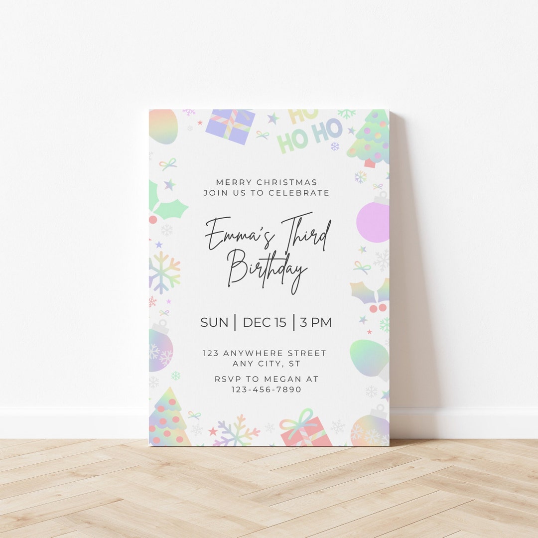Printable Pastel Holographic Christmas Birthday Invitation, Oh What Fun ...