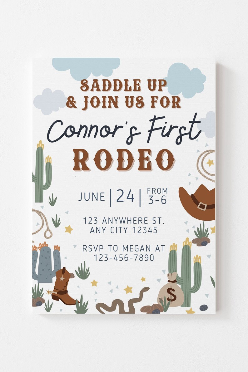 Editable My First Rodeo Invitation, Cowboy Invite, Modern Wild West ...