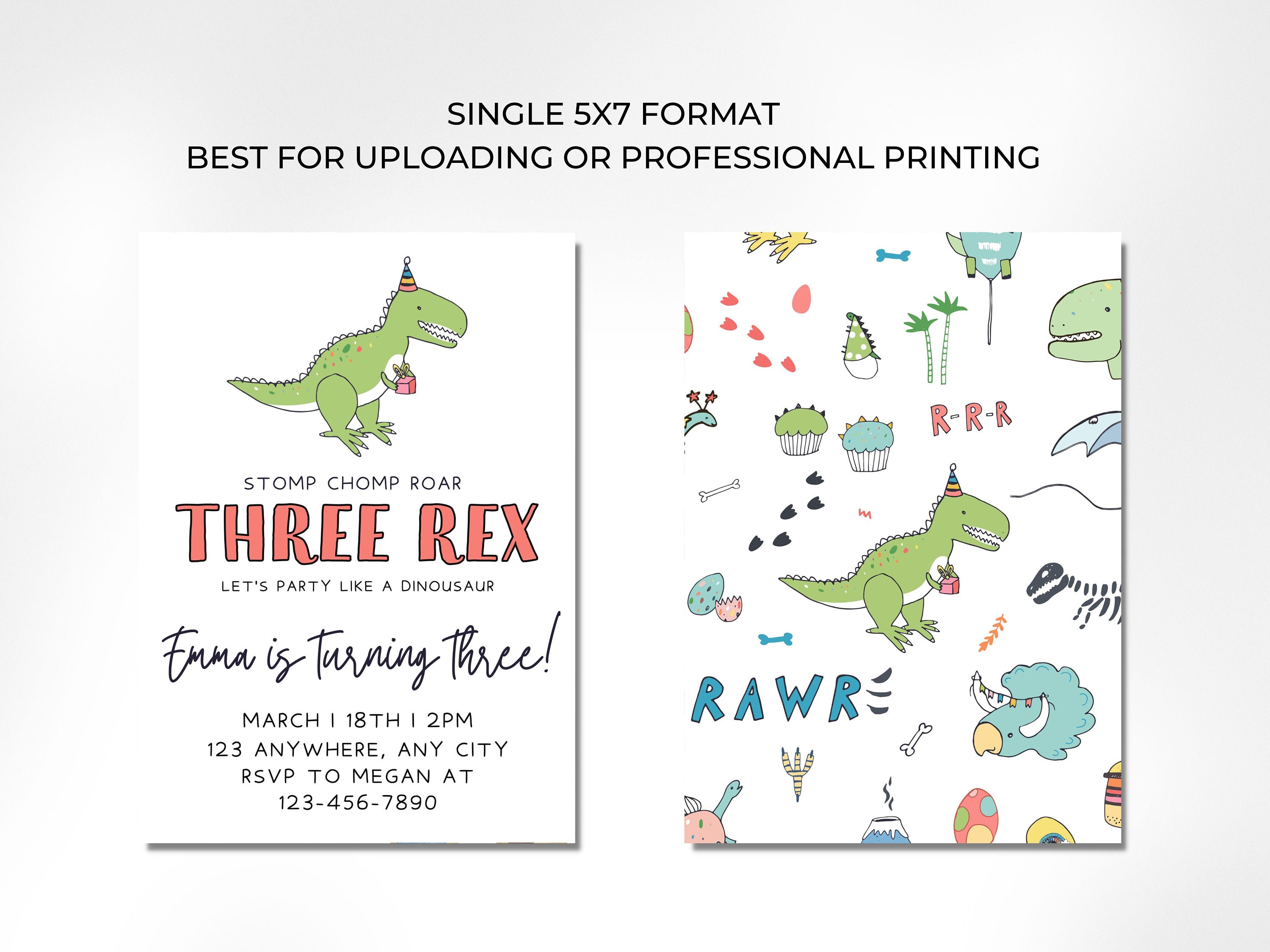 Three Rex Dinosaur Birthday Invitation, Girl Dinosaur Birthday, Trex ...