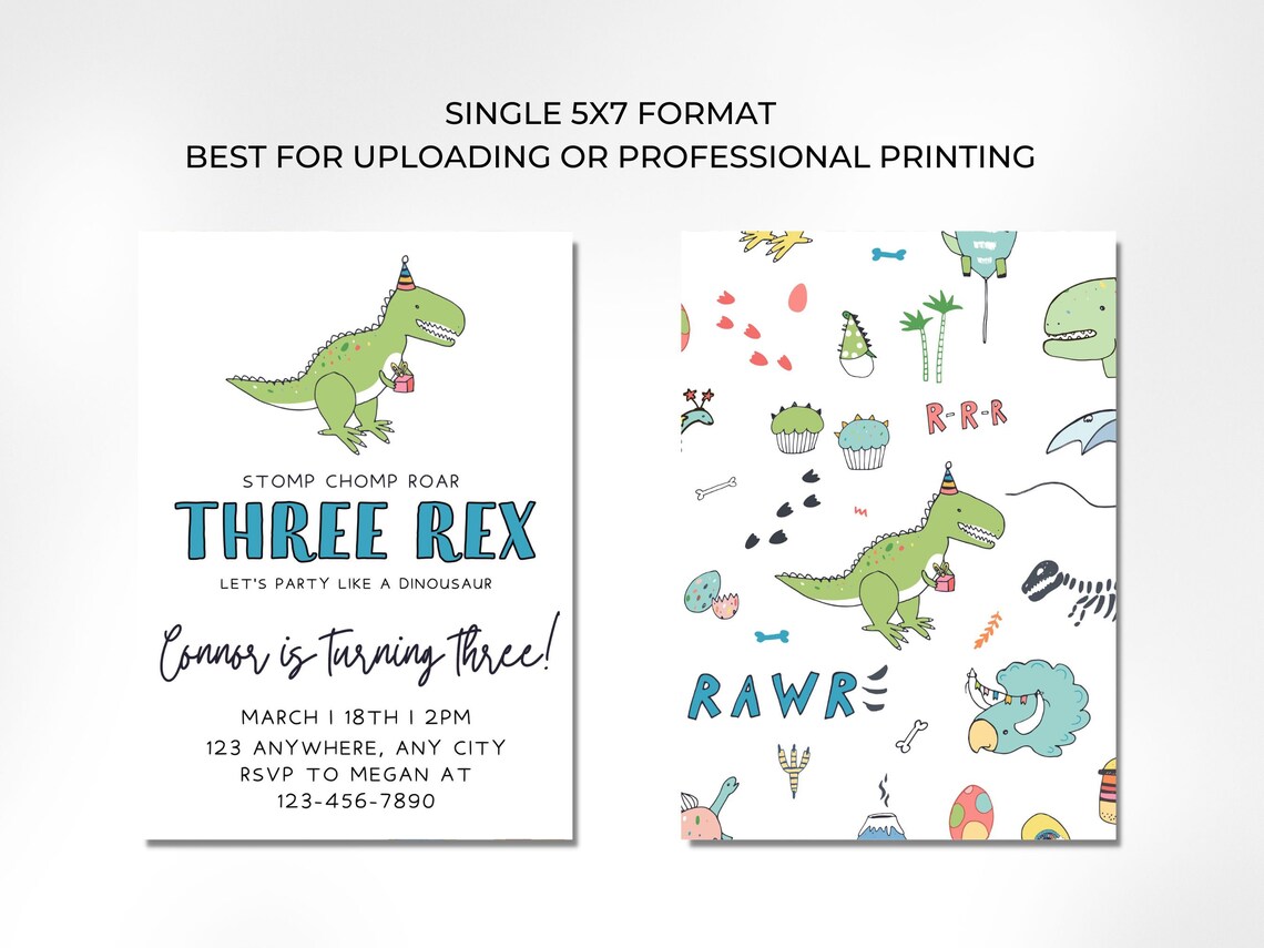 Three Rex Dinosaur Birthday Invitation, Dinosaur Birthday, Trex ...
