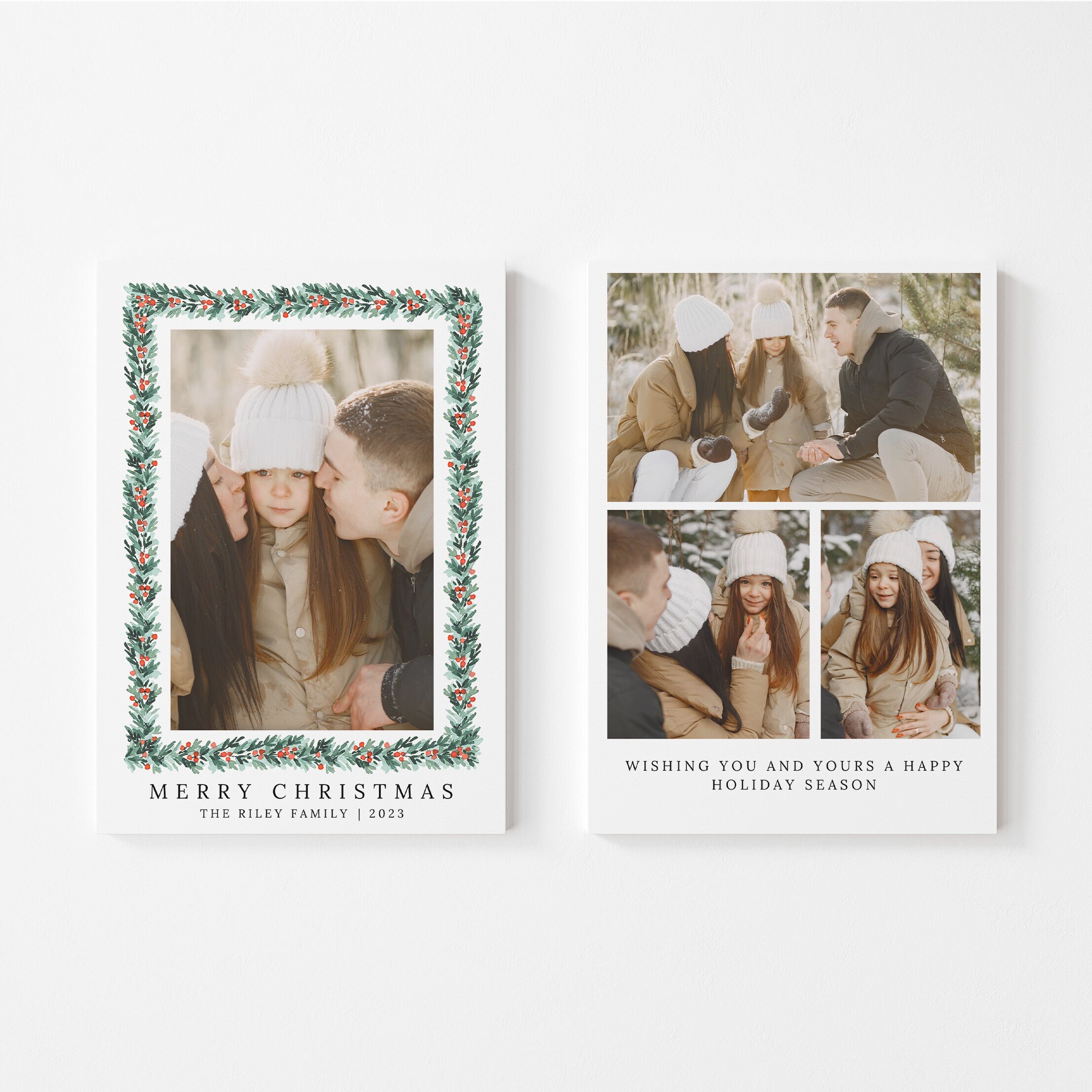 Personalized Holiday Photo Cards Template With Garland and Holly ...