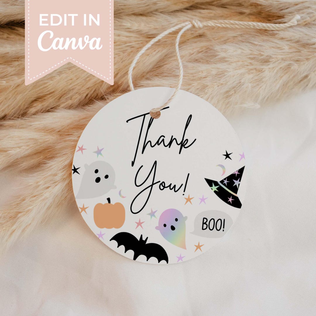 Editable Pink Halloween Birthday Circle Tags | Holographic Pastel ...