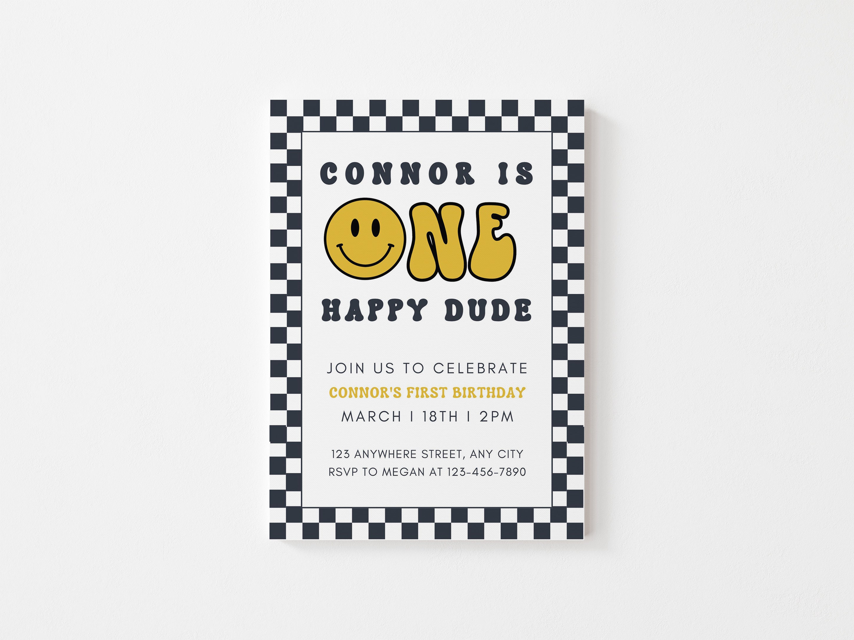 One Happy Dude Birthday Party Invitation, Retro Smiley Face First ...