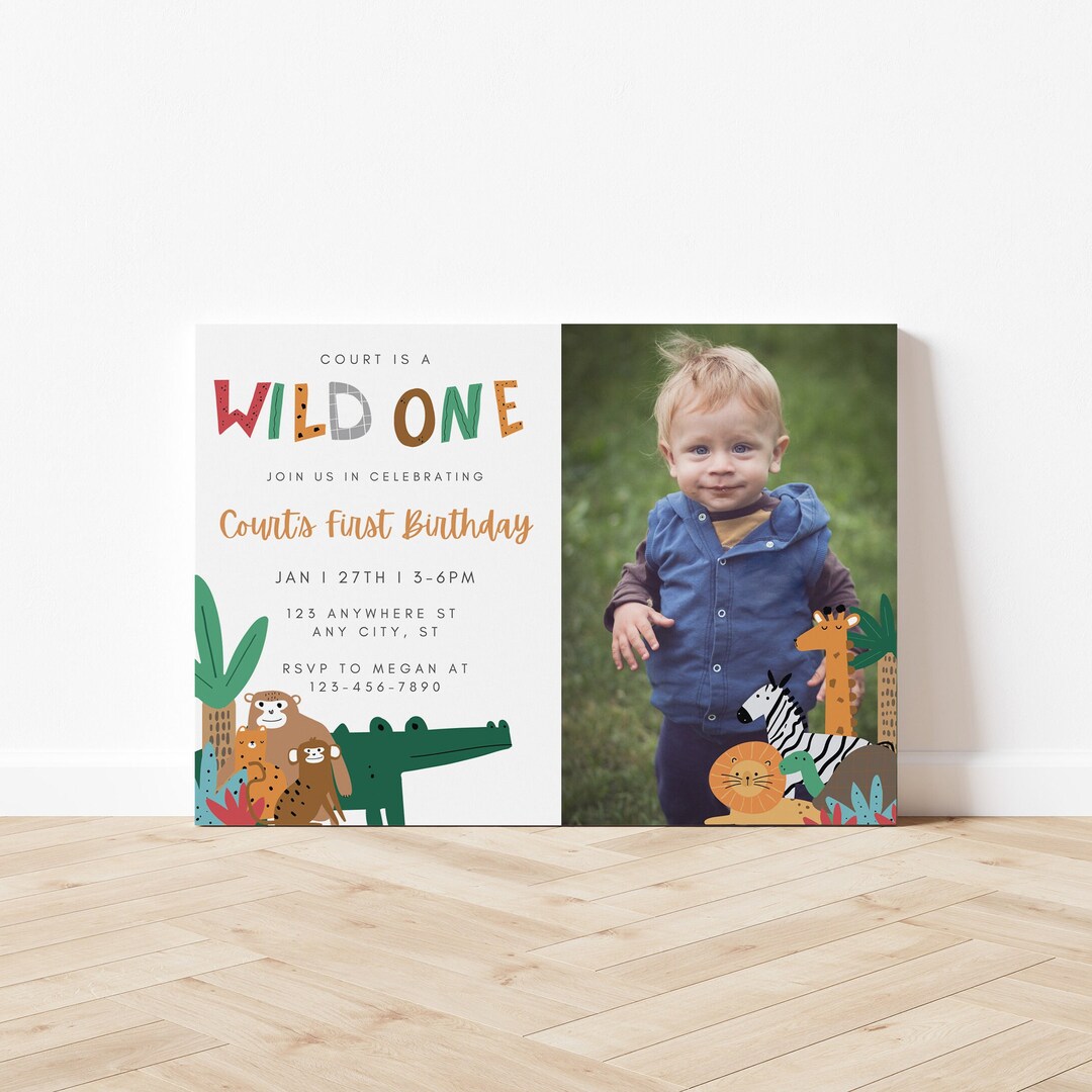 Editable Wild One Photo Card & Birthday Invitation Jungle Theme ...