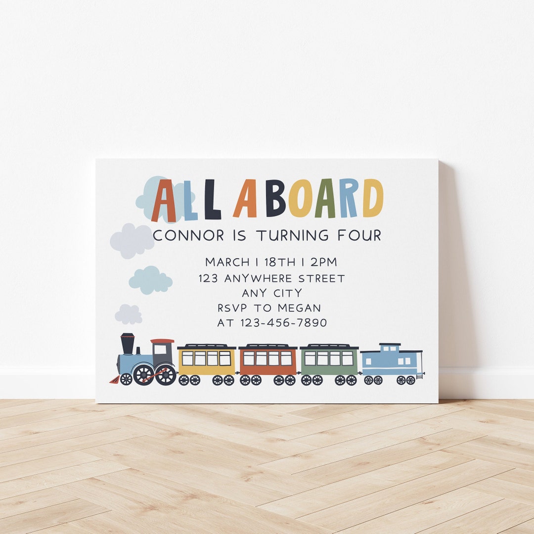 Editable Train Birthday Invitation - Modern All Aboard Theme Party ...