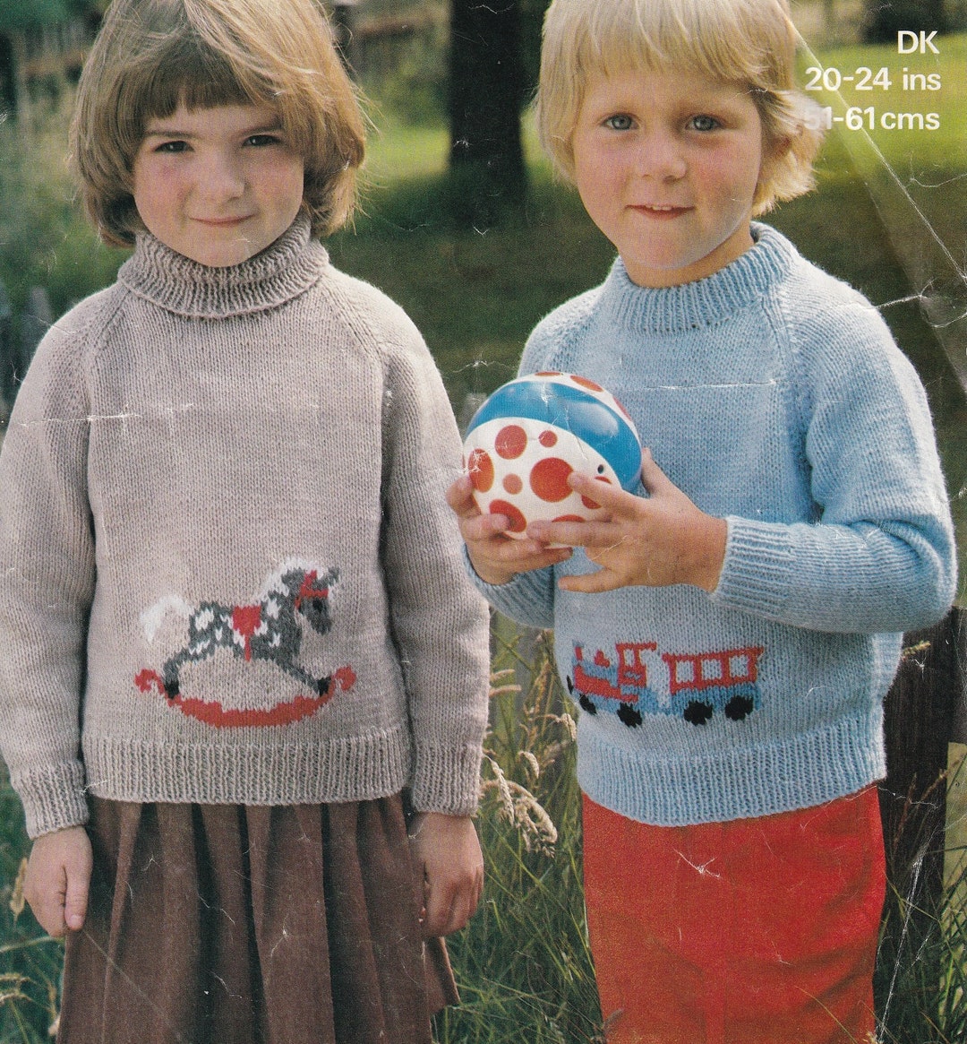 Vintage Knitting Pattern for Childrens Train and Rocking Horse Sweater ...