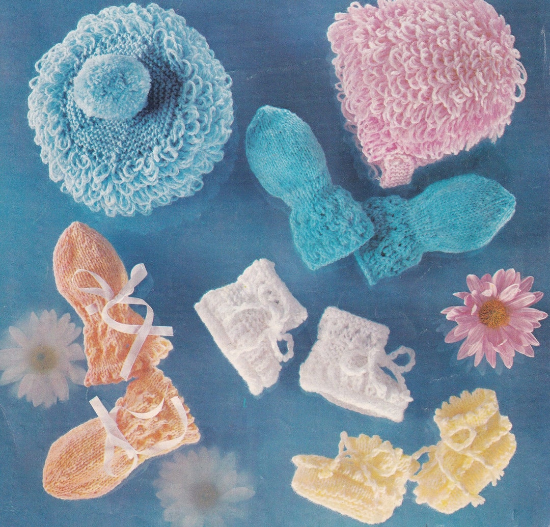 Vintage Knitting Pattern for Baby Loopy Hats With Mitts and Booties ...