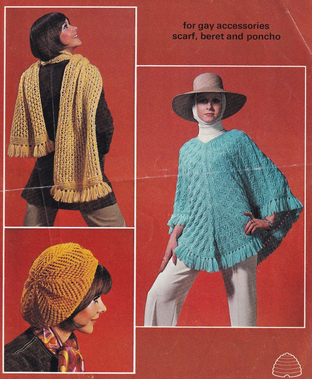 Vintage Knitting Pattern for 1970s Ladies Fringed Poncho Scarf and ...